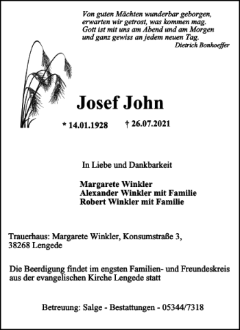Traueranzeigen von Josef John | trauer38.de