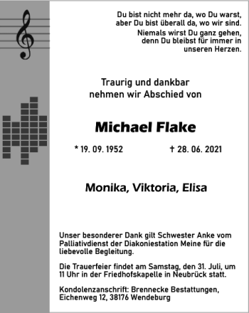 Traueranzeigen von Michael Flake | trauer38.de