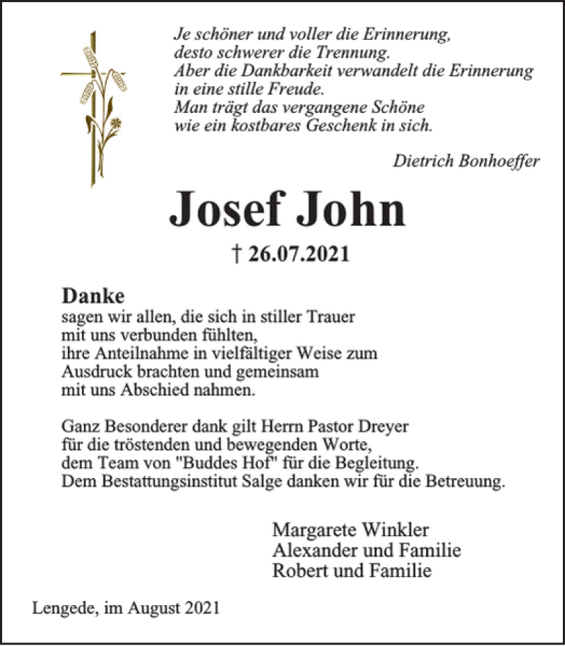 Traueranzeigen von Josef John | trauer38.de