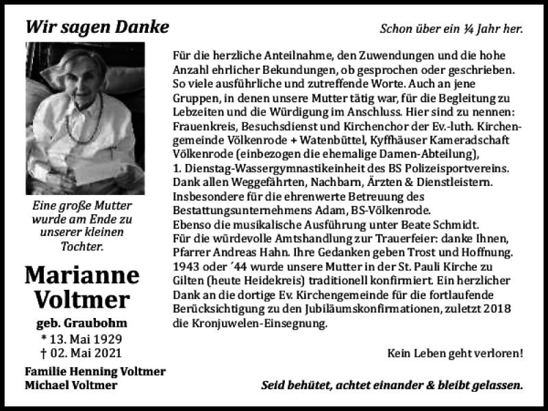Traueranzeigen von Marianne Voltmer | trauer38.de Traueranzeigen von Marianne Voltmer | trauer38.de