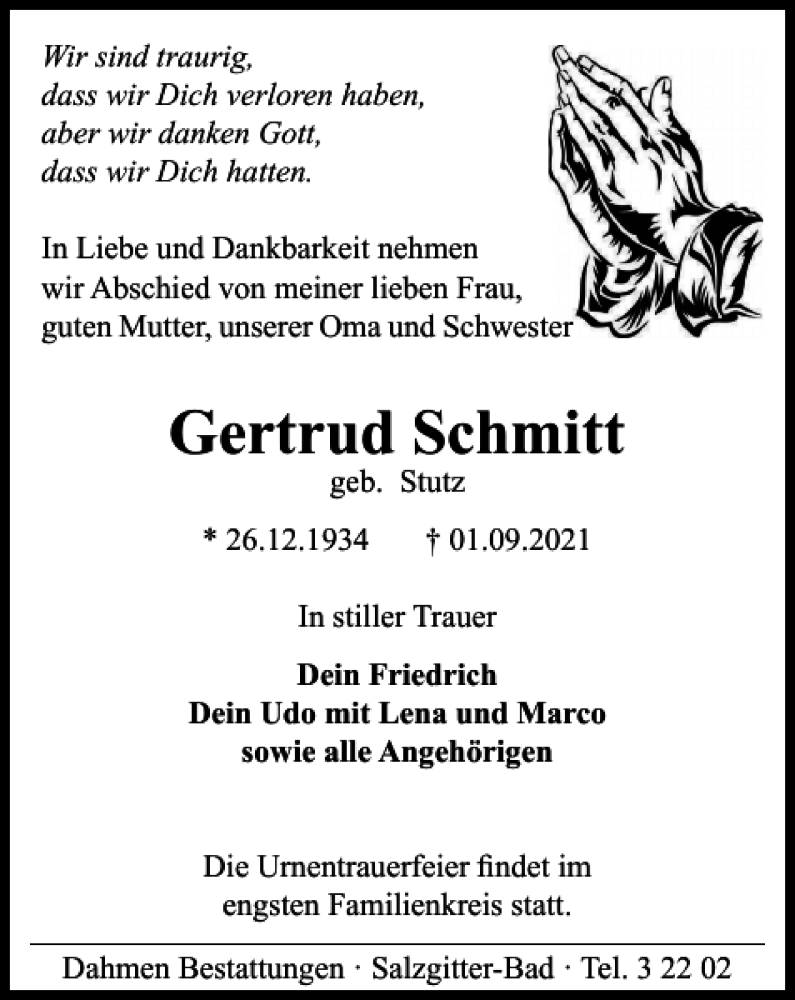 Traueranzeigen von Gertrud Schmitt | trauer38.de Traueranzeigen von Gertrud Schmitt | trauer38.de
