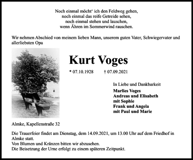 Traueranzeigen von Kurt Voges | trauer38.de