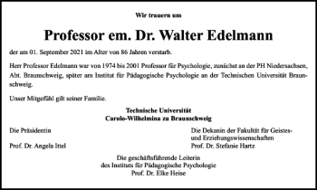 Traueranzeigen von Professor em. Dr. Walter Edelmann | trauer38.de