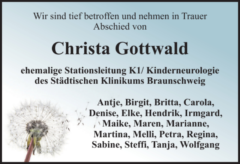 Traueranzeigen von Christa Gottwald | trauer38.de
