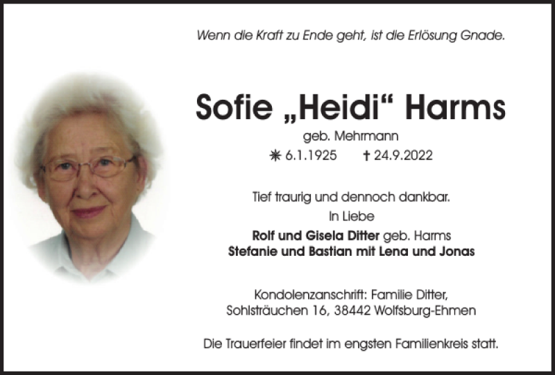 Traueranzeigen von Sofie Heidi Harms | trauer38.de