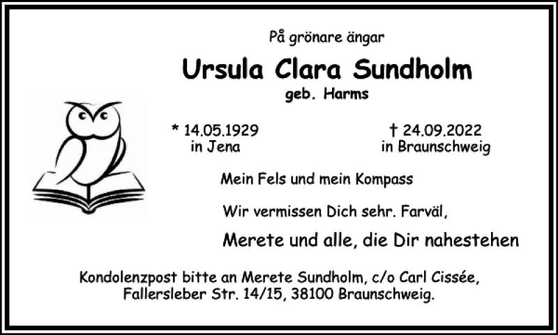 Traueranzeigen von Ursula Clara Sundholm | trauer38.de