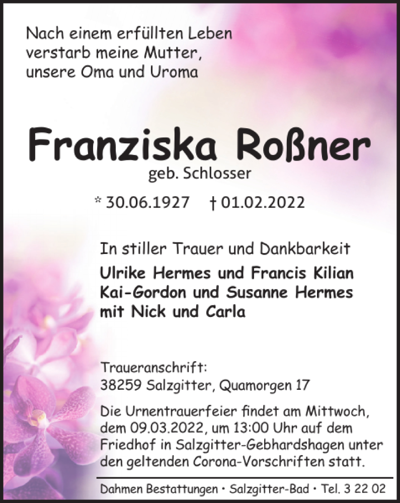 Traueranzeigen von Franziska Roßner | trauer38.de