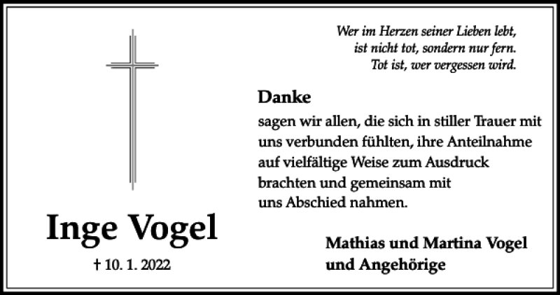 Traueranzeigen von Inge Vogel | trauer38.de