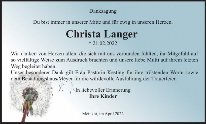 Traueranzeigen von Christa Langer | trauer38.de