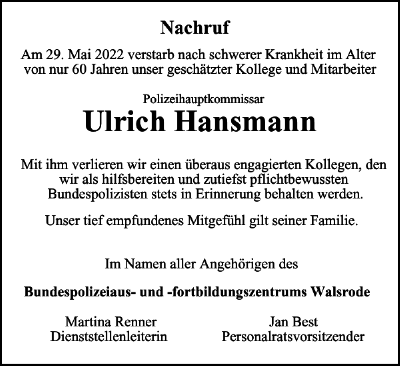 Traueranzeigen von Ulrich Hansmann | trauer38.de