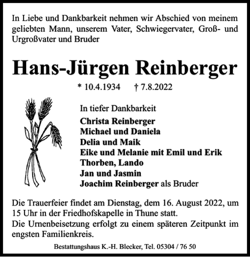 Traueranzeigen von Hans-Jürgen Reinberger | trauer38.de