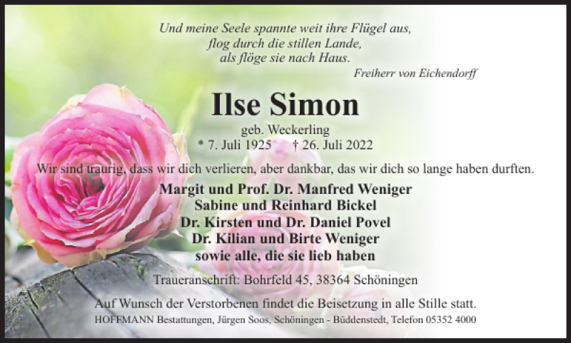 Traueranzeigen von Ilse Simon | trauer38.de