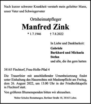 Traueranzeigen von Manfred Zink | trauer38.de