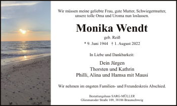 Traueranzeigen von Monika Wendt | trauer38.de
