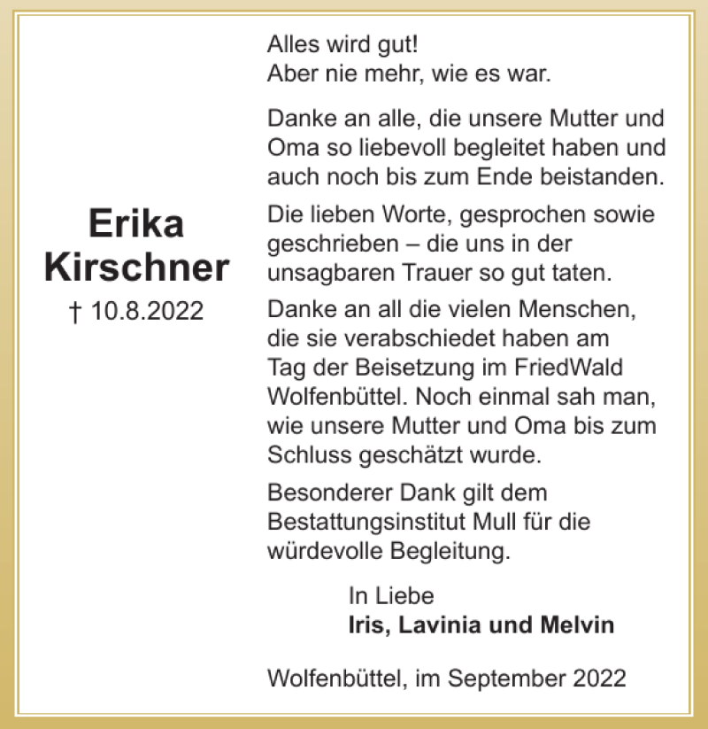Traueranzeigen von Erika Kirschner | trauer38.de