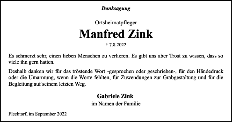Traueranzeigen von Manfred Zink | trauer38.de