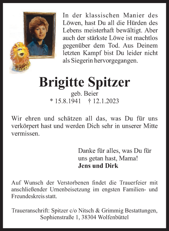 Traueranzeigen von Brigitte Spitzer | trauer38.de