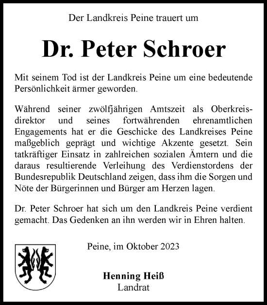 Traueranzeigen von Peter Schroer | trauer38.de