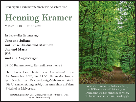 Traueranzeigen von Henning Kramer | trauer38.de