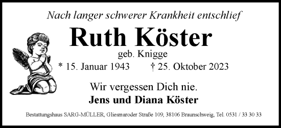 Traueranzeigen von Ruth Köster | trauer38.de