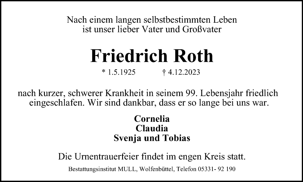 Traueranzeigen von Friedrich Roth | trauer38.de