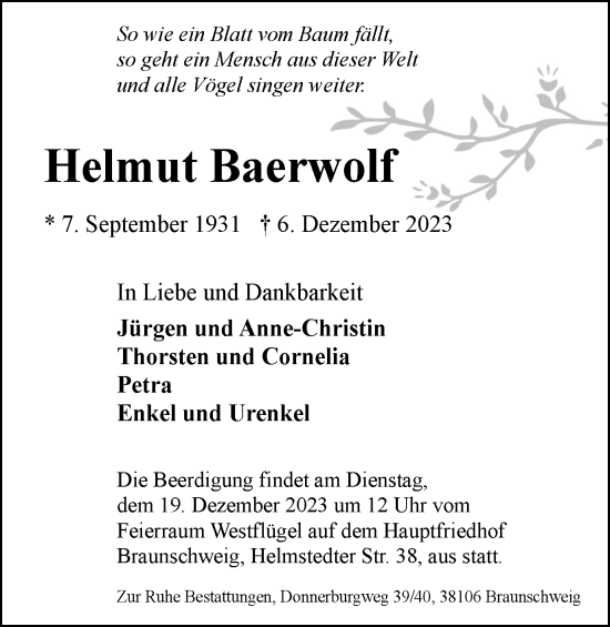 Traueranzeigen von Helmut Baerwolf | trauer38.de