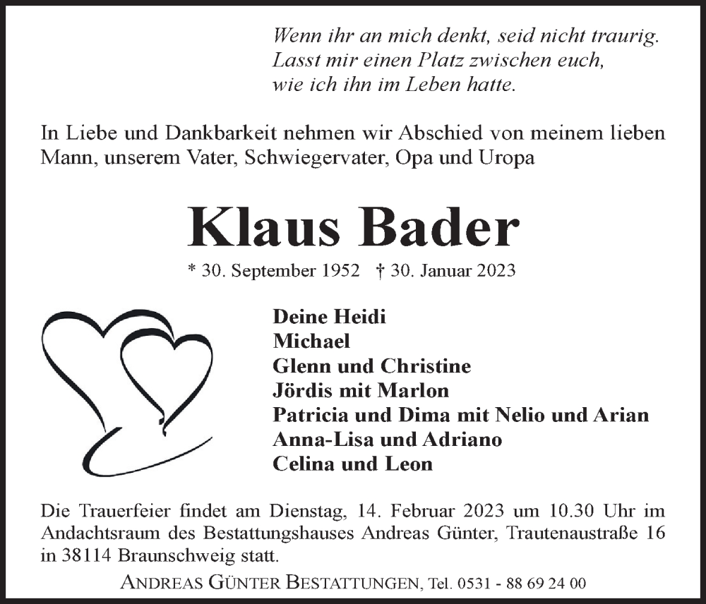 Traueranzeigen von Klaus Bader | trauer38.de Traueranzeigen von Klaus Bader | trauer38.de