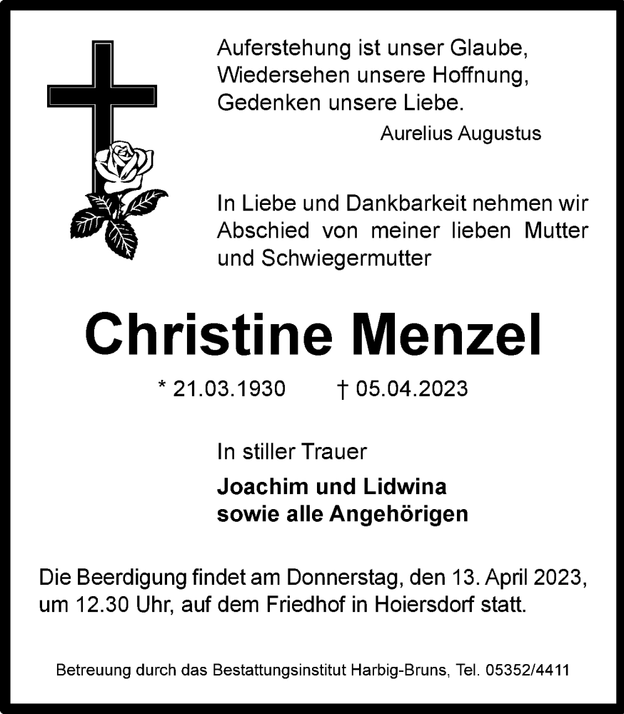 Traueranzeigen von Christine Menzel | trauer38.de
