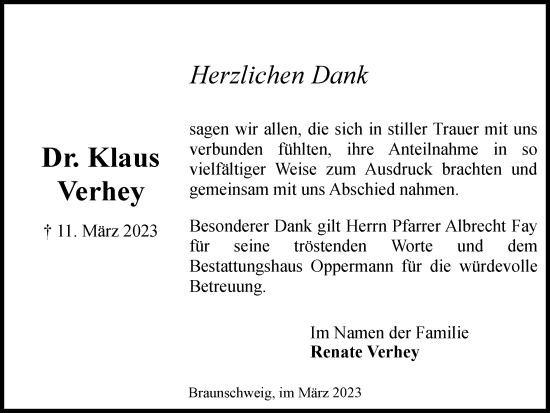 Traueranzeigen von Klaus Verhey | trauer38.de