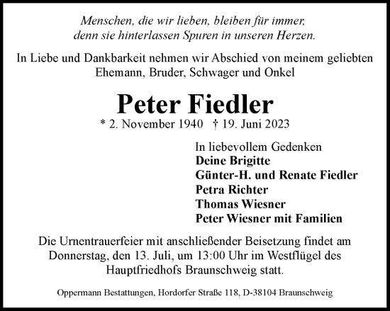 Traueranzeigen von Peter Fiedler | trauer38.de