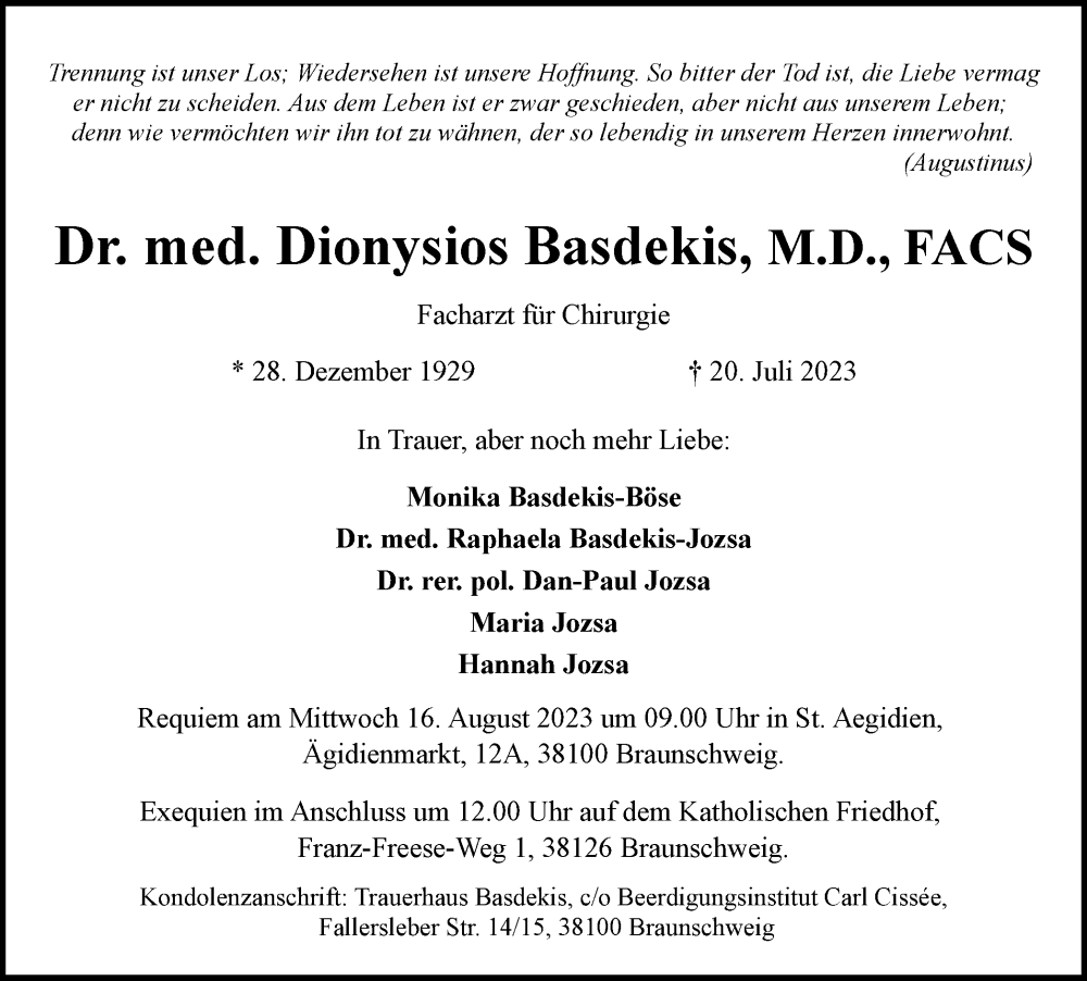 Traueranzeigen von Dionysios Basdekis | trauer38.de