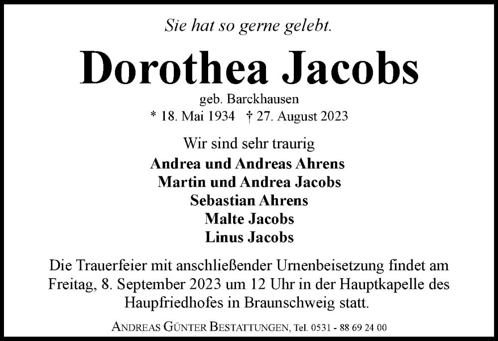 Traueranzeigen von Dorothea Jacobs | trauer38.de