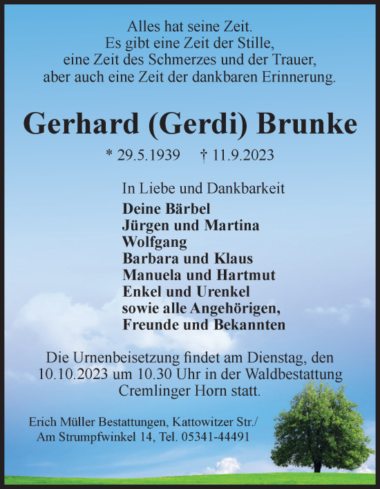 Traueranzeigen von Gerhard Brunke | trauer38.de