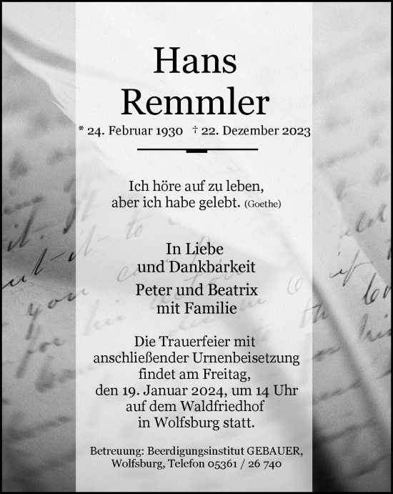 Traueranzeigen von Hans Remmler | trauer38.de