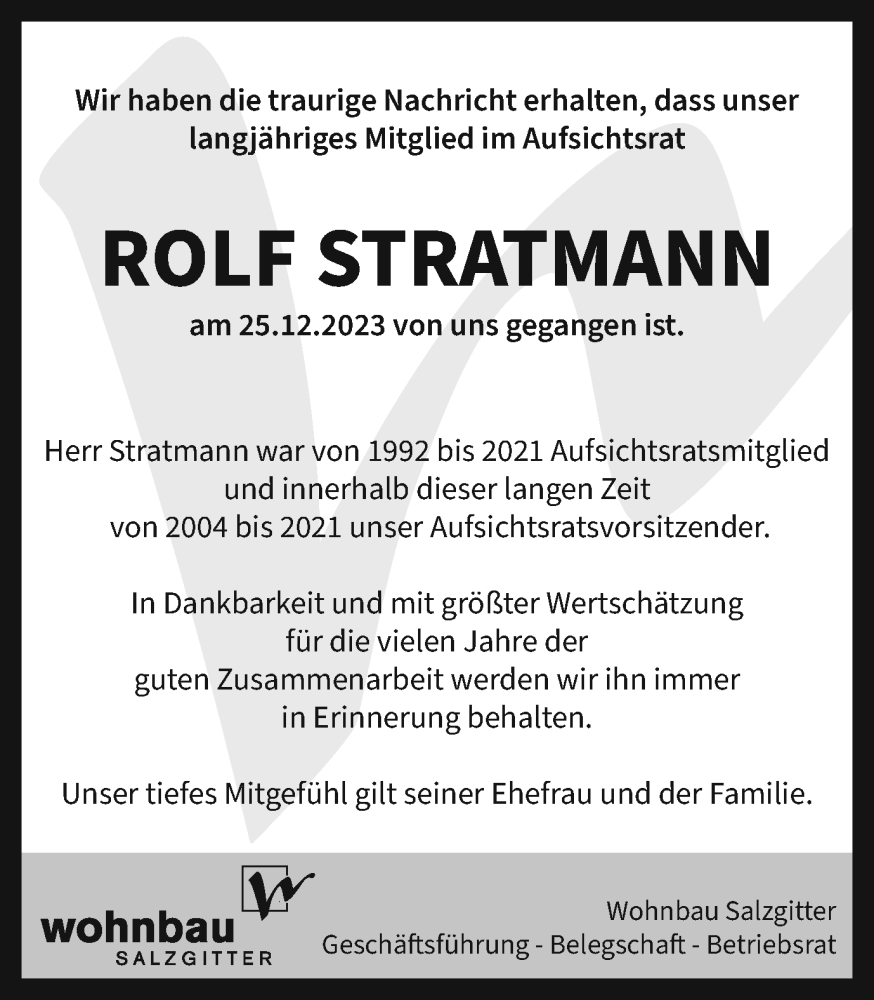 Traueranzeigen von Rolf Stratmann | trauer38.de