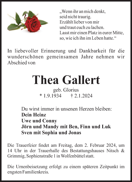 Traueranzeigen von Thea Gallert | trauer38.de