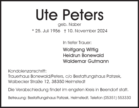 Traueranzeigen von Ute Peters | trauer38.de
