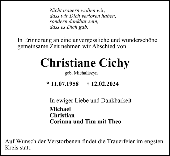 Traueranzeigen von Christiane Cichy | trauer38.de