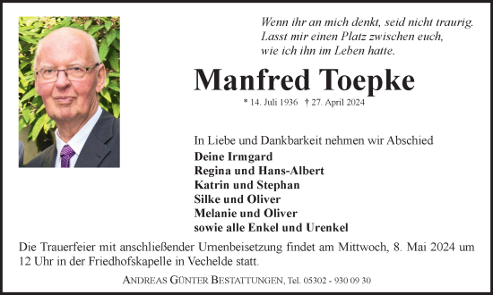 Traueranzeigen von Manfred Toepke | trauer38.de
