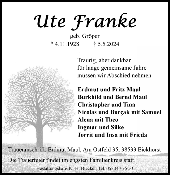 Traueranzeigen von Ute Franke | trauer38.de