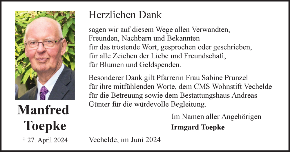Traueranzeigen von Manfred Toepke | trauer38.de