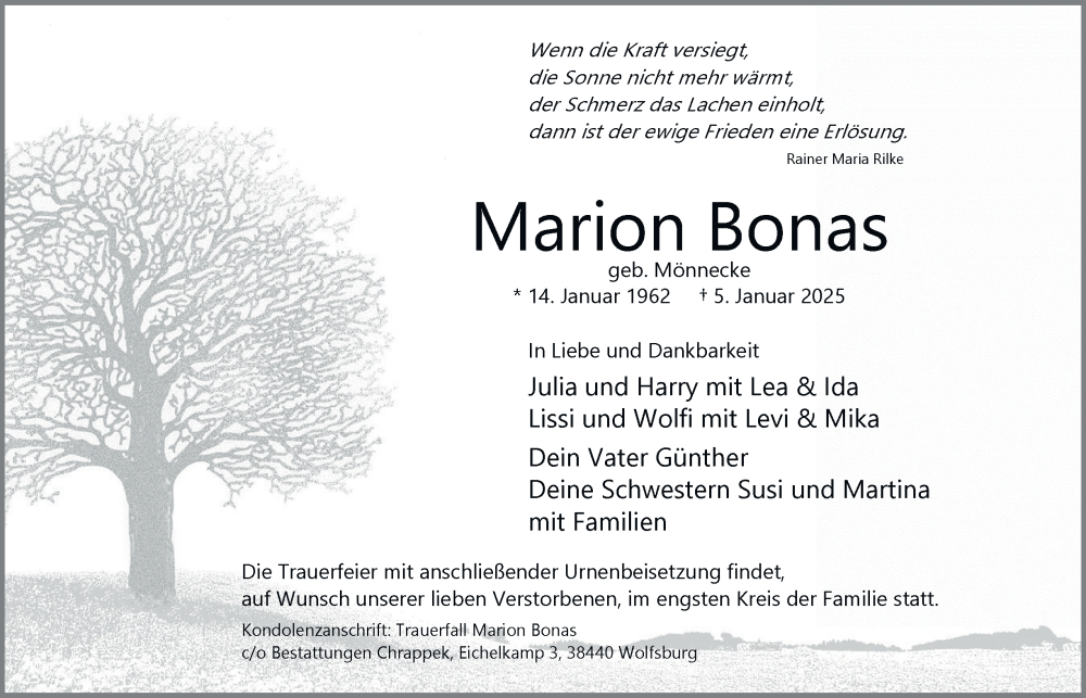 Traueranzeigen von Marion Bonas | trauer38.de