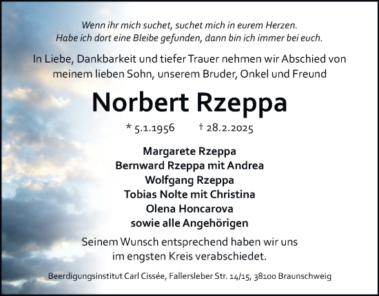 Traueranzeigen von Norbert Rzeppa | trauer38.de