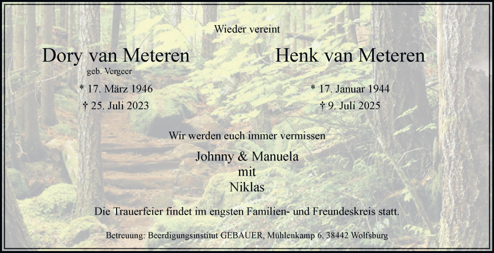 Traueranzeigen von Dory van Meteren | trauer38.de