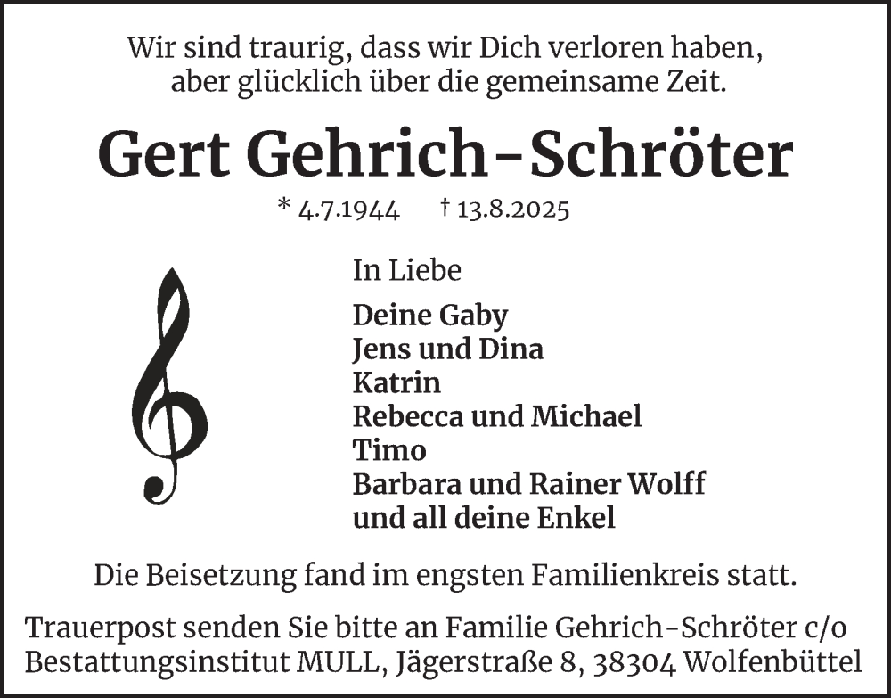Traueranzeigen von Gert Gehrich-Schröter | trauer38.de